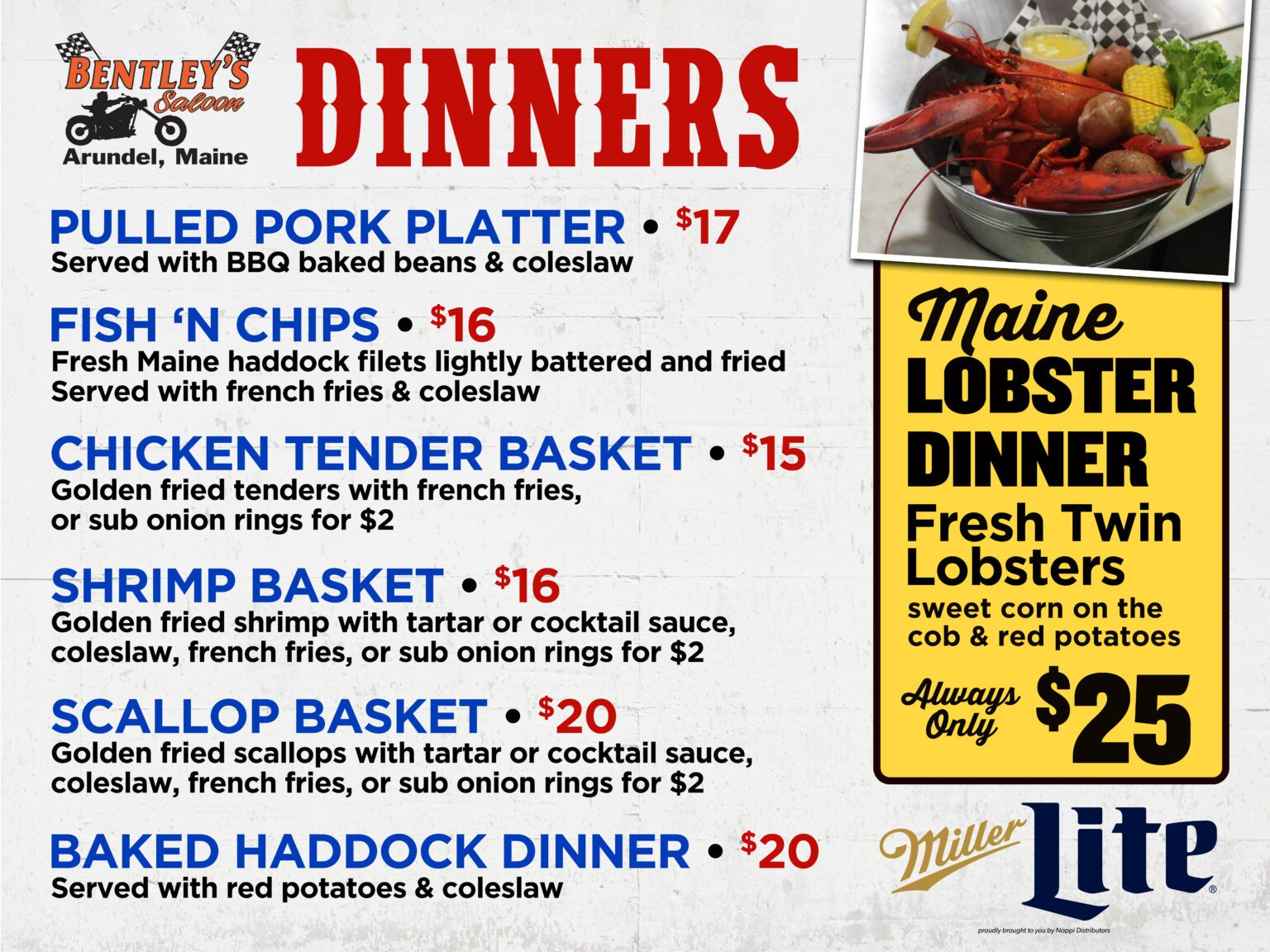 Bentley's Saloon | Arundel, Maine| Food Menu